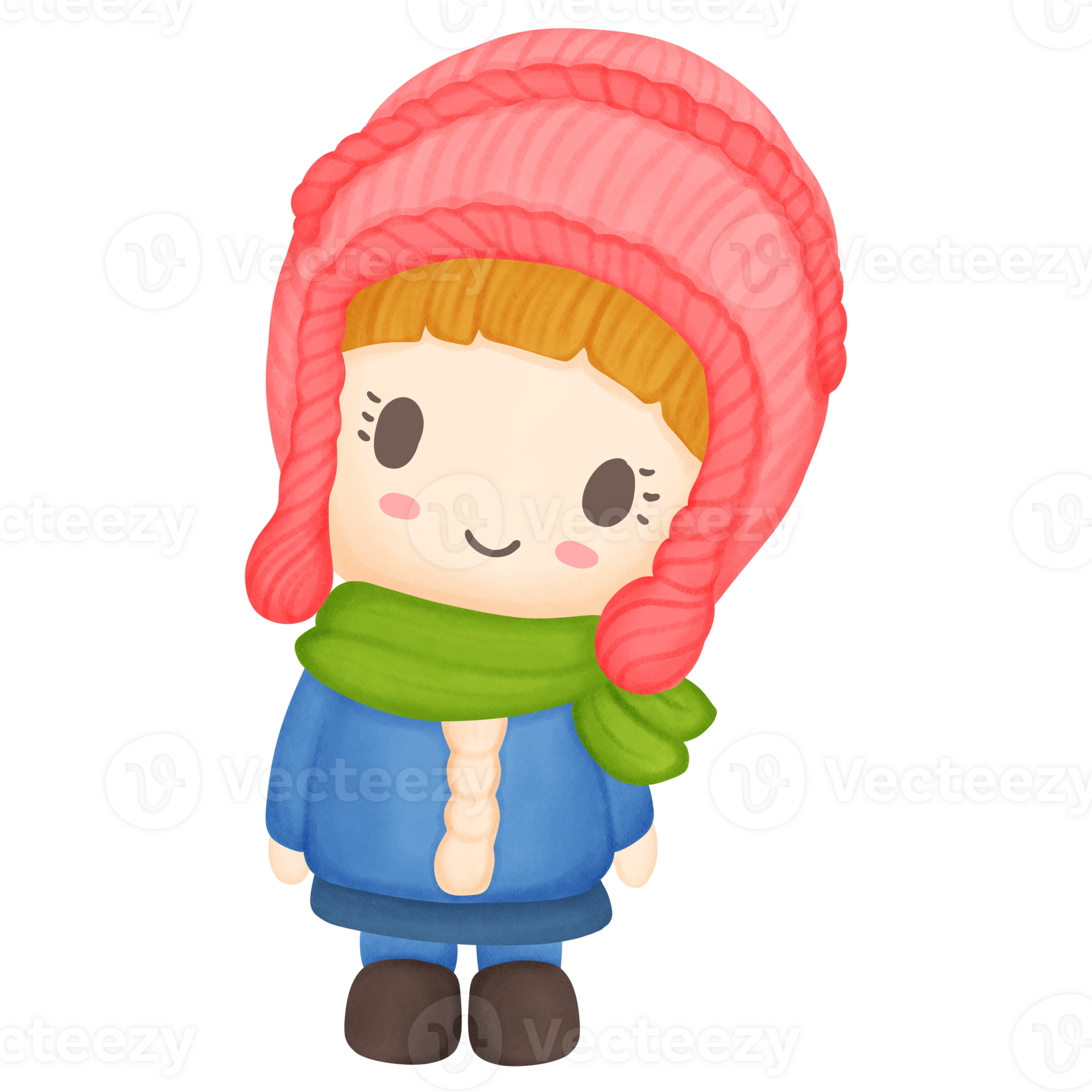 Cute girl cartoon character wearing warm clothes in winter. Hand drawn watercolor style ...