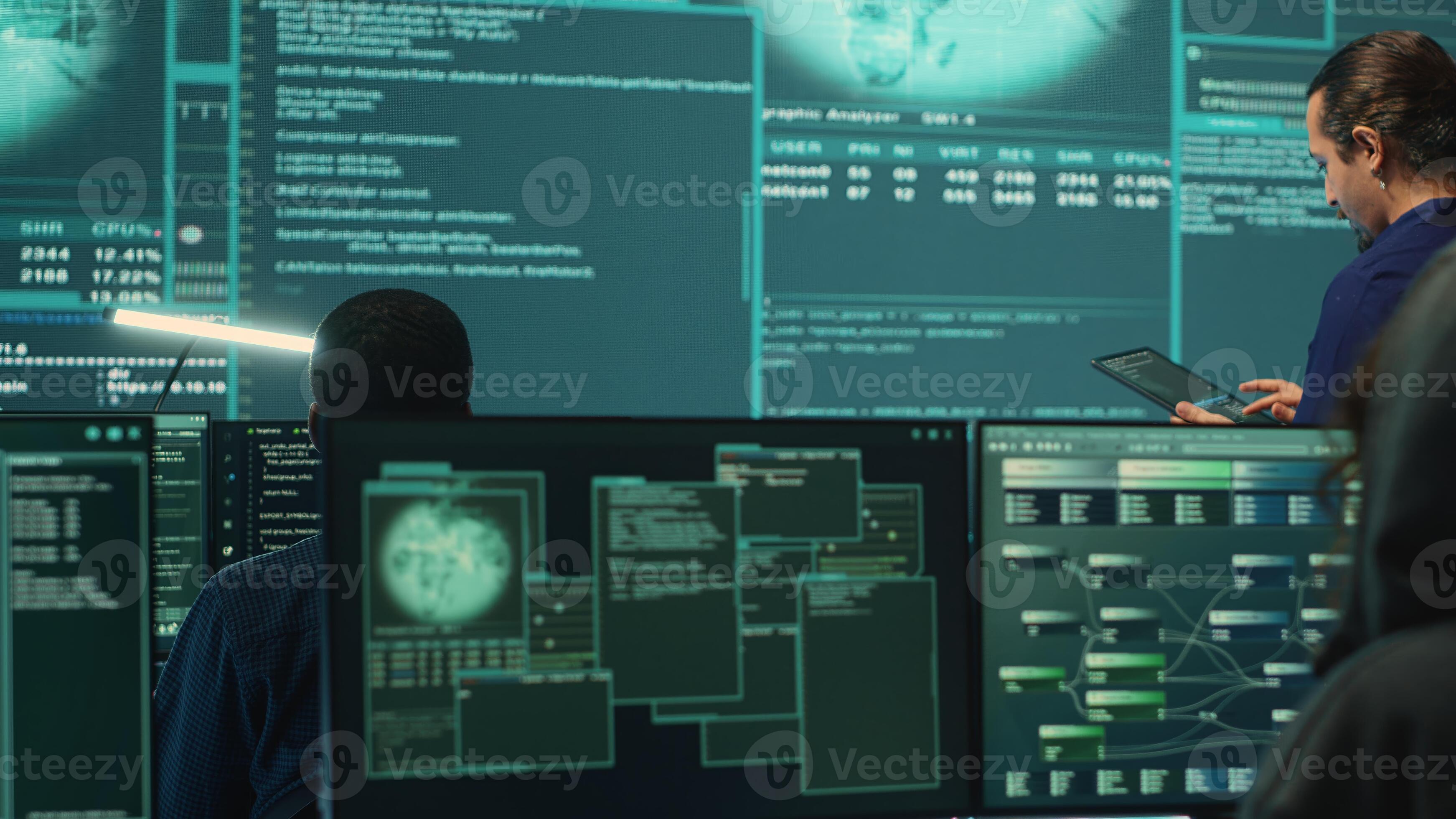 Happy cheerful hackers team gaining access inside network systems, celebrating their achievement ...