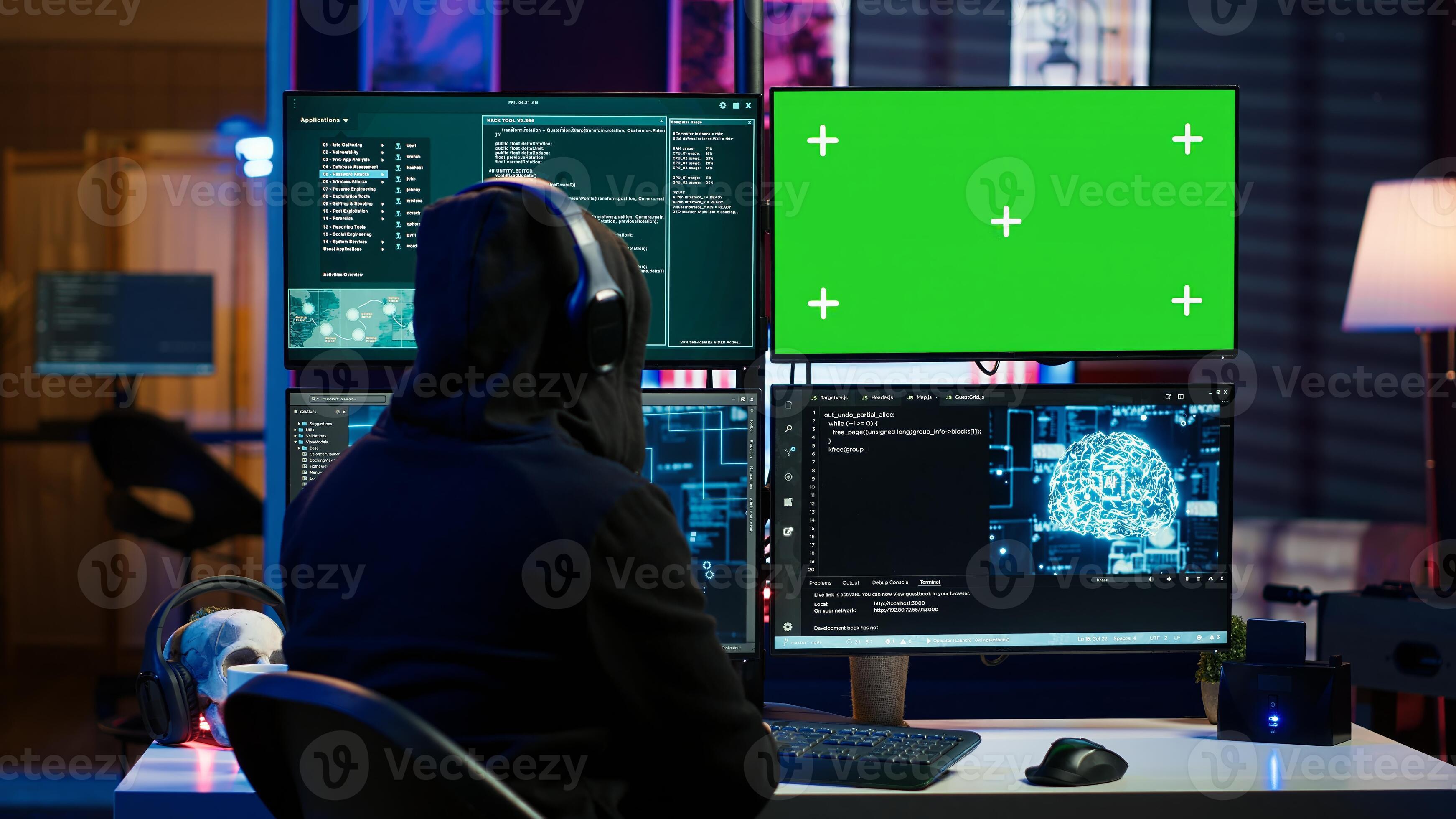 Cybercriminal using AI machine learning and isolated screen PC to develop system exploits ...