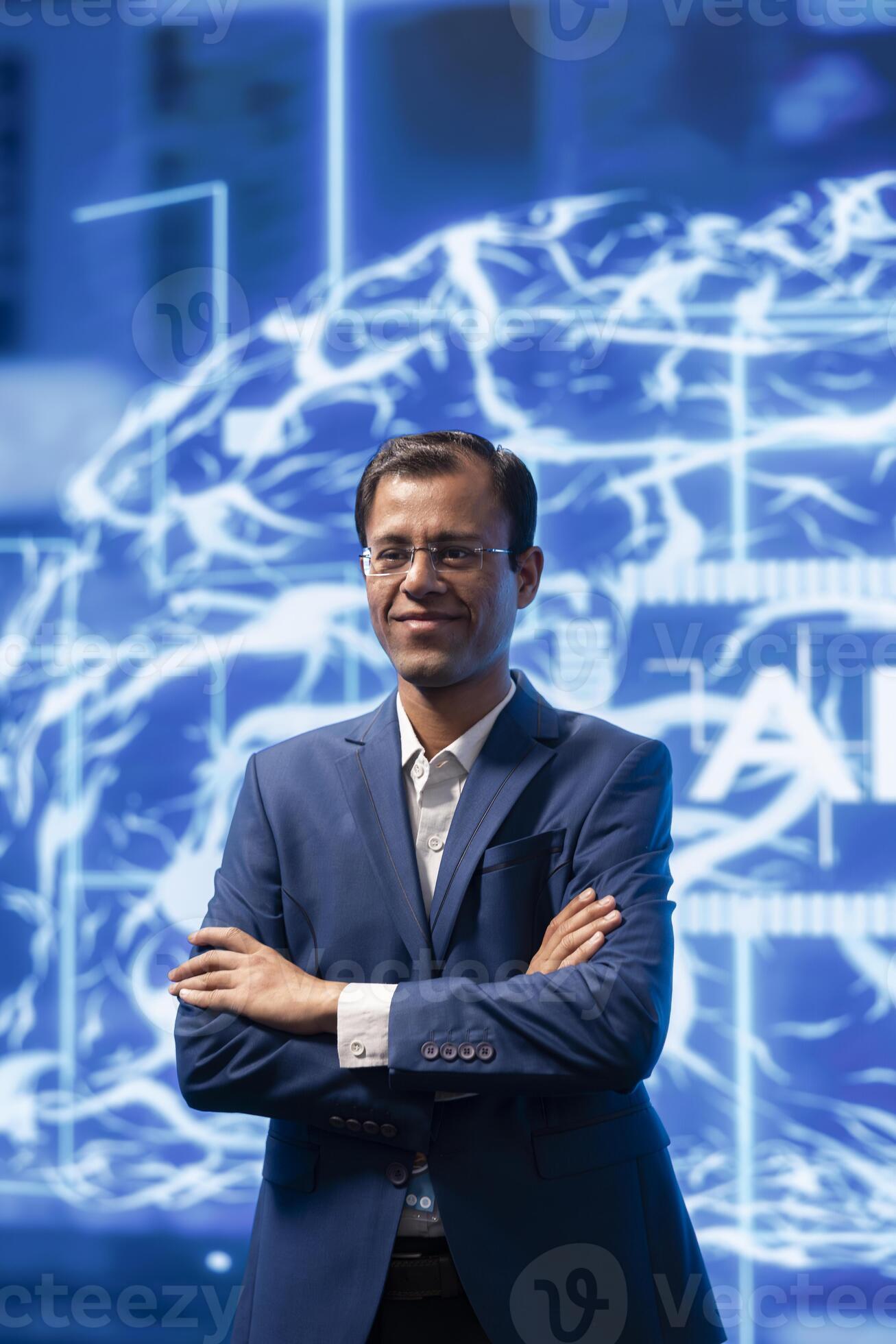 Portrait Of Smiling Technician Running Artificial Intelligence Programming Scripts In Modern Lab