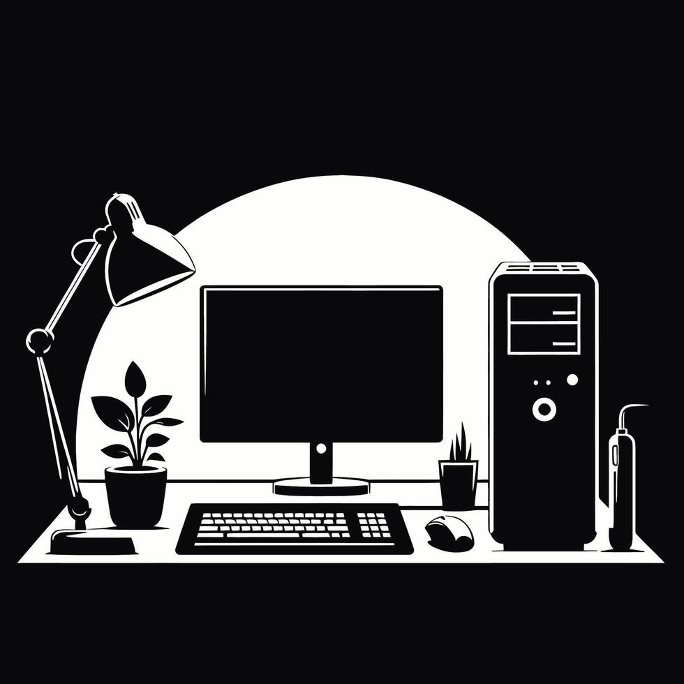 Computer desk with lamp, keyboard, mouse and monitor 50091898 Vector ...