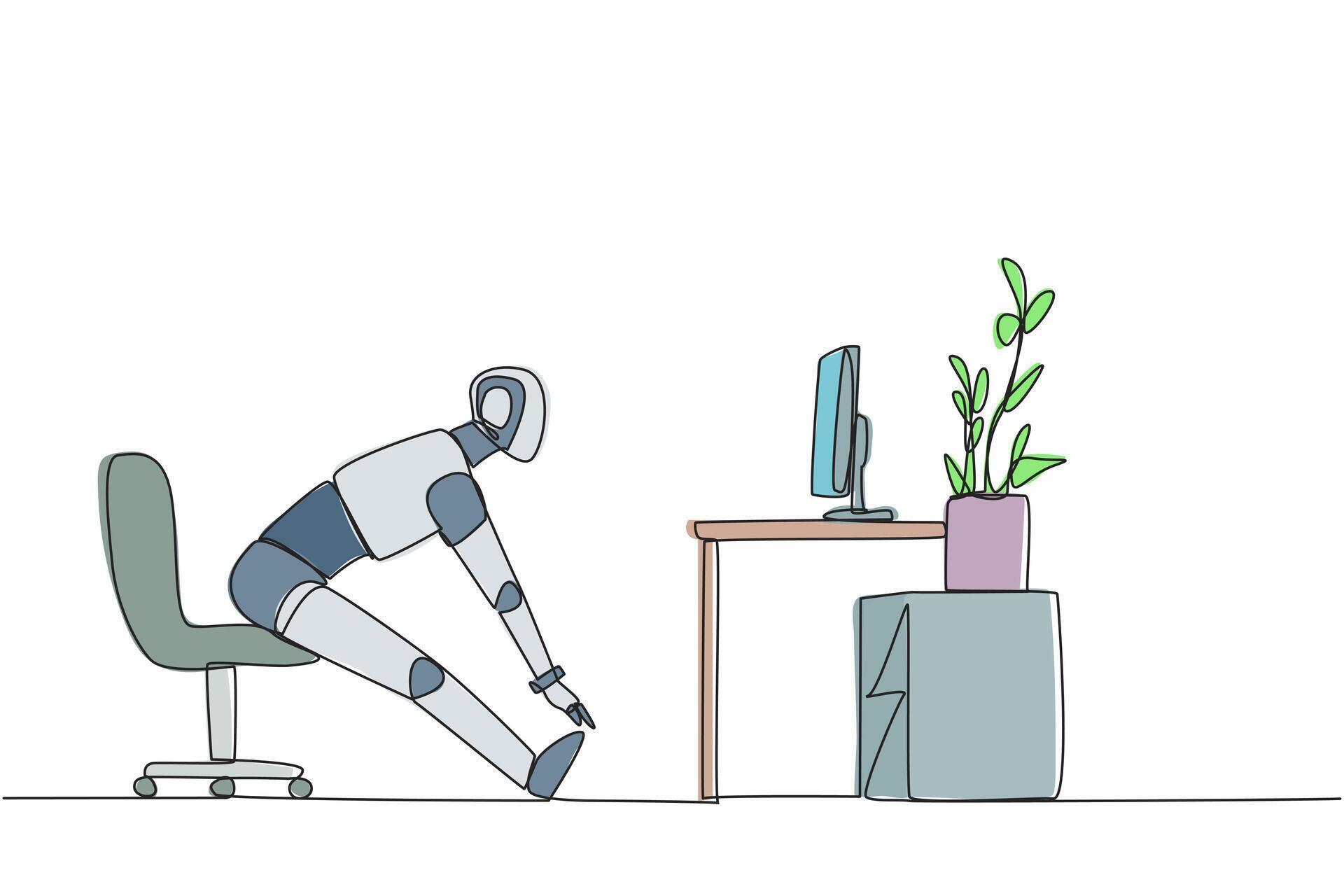 Single continuous line drawing robot sitting in work chair with legs ...