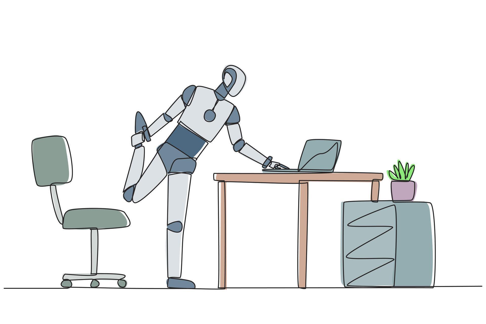 Single continuous line drawing robot standing with one leg raised and his hand typing on a ...