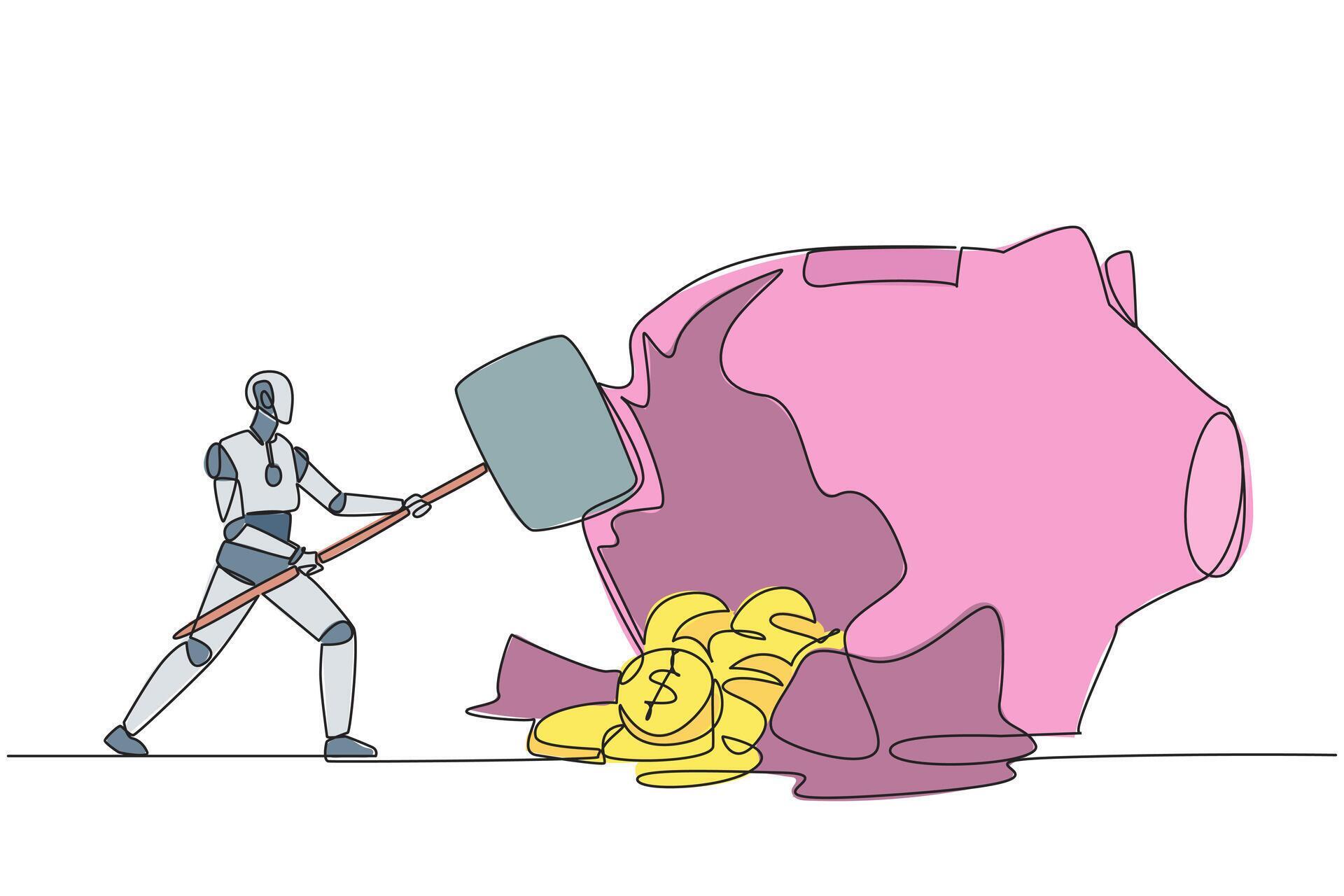 Continuous one line drawing robot hit big piggy bank with a big hammer until it cracked. Coins ...
