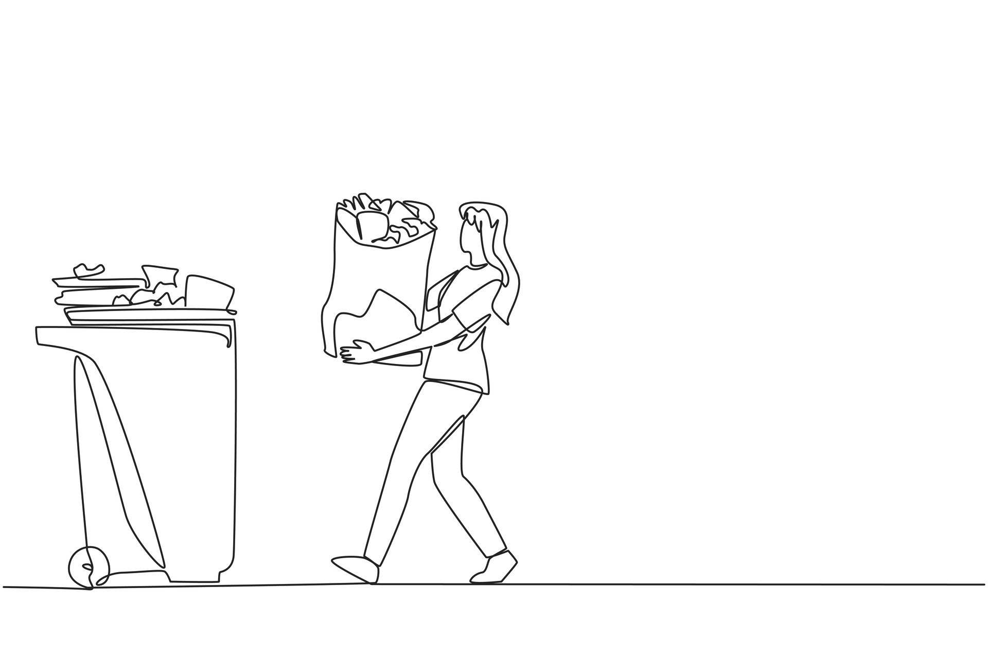 Single continuous line drawing young woman walked carrying a trash bag ... Single continuous line drawing young woman walked carrying a trash bag ...