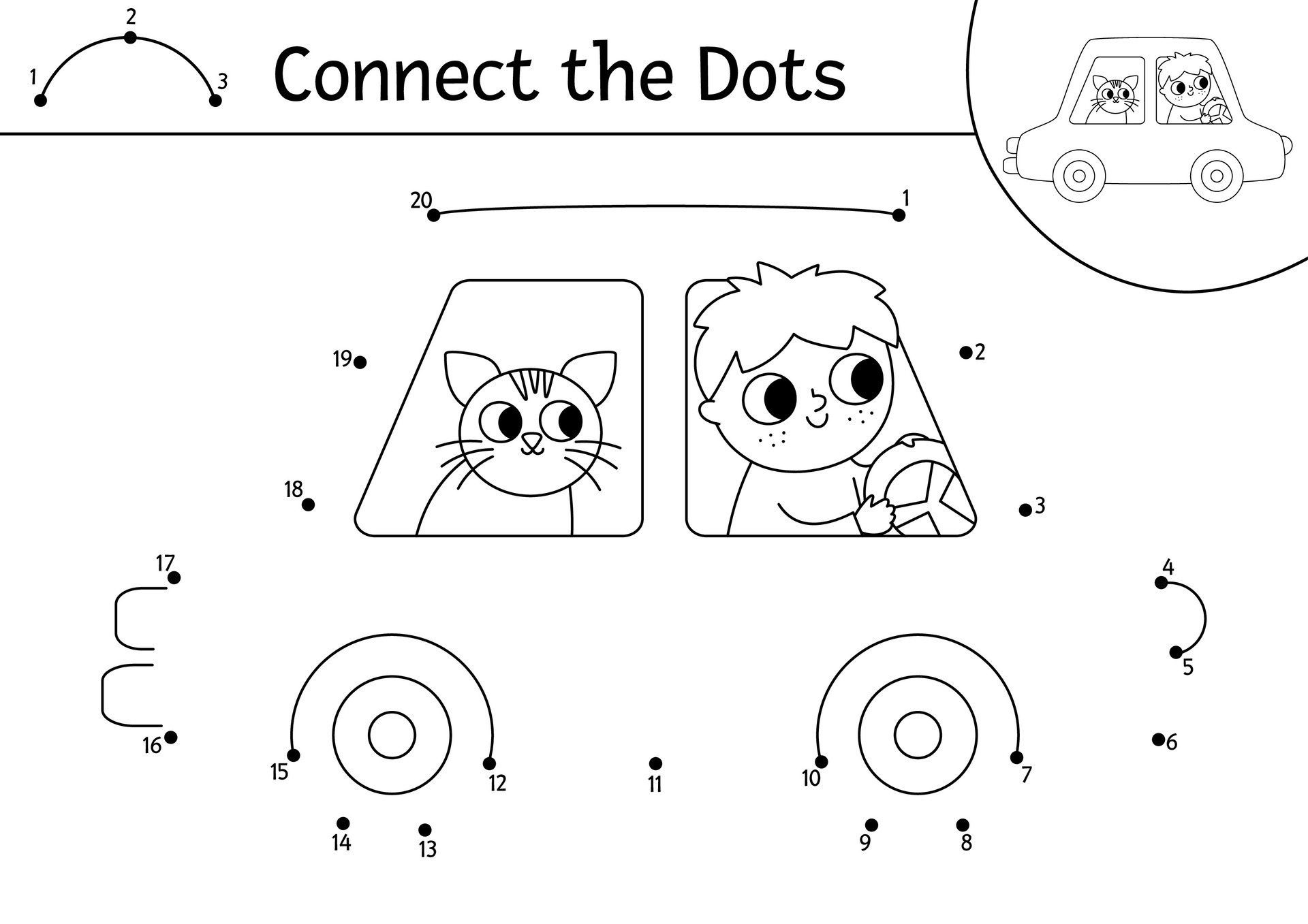 dot-to-dot and color activity with cute car, driver and passenger cat ...