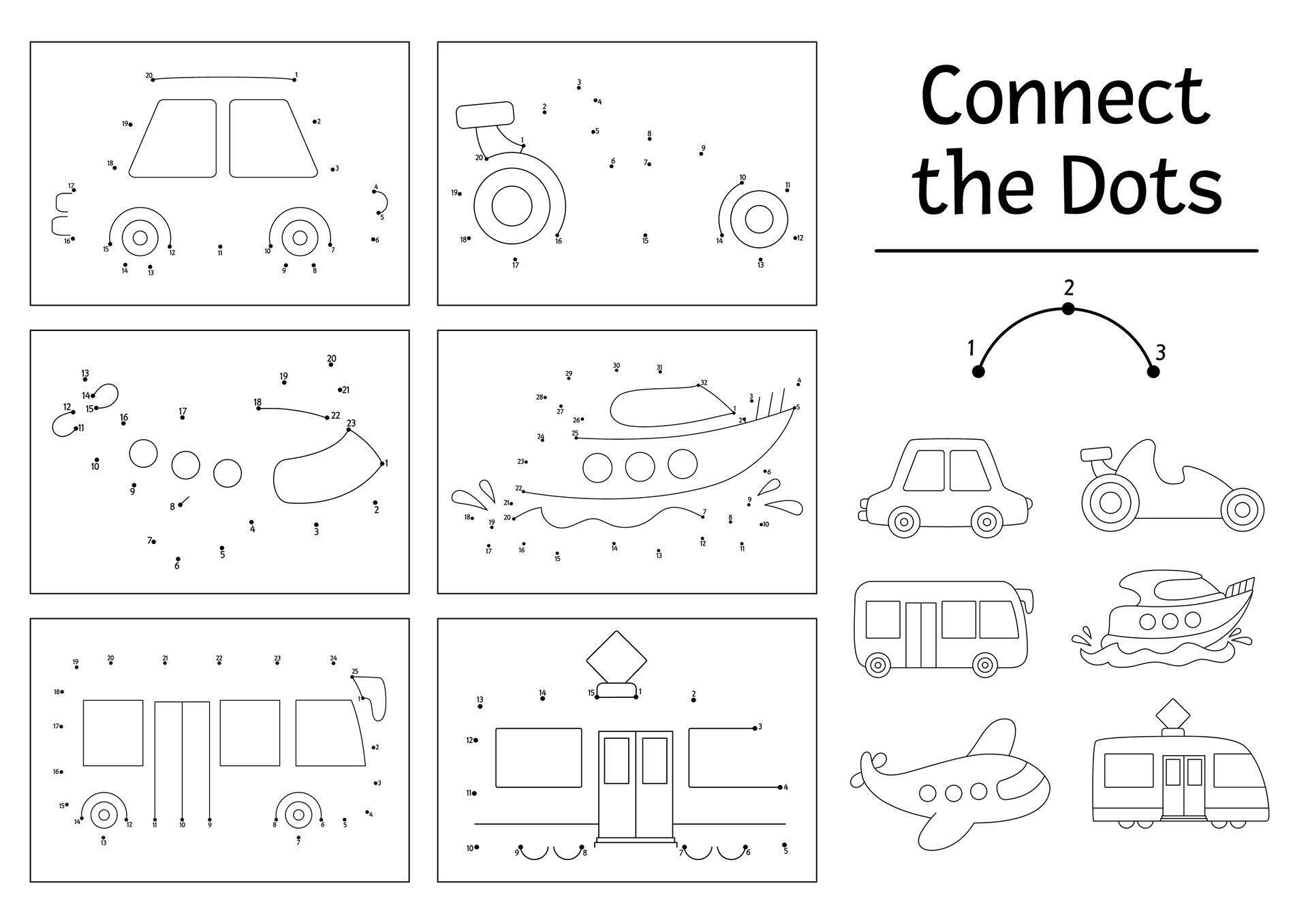 dot-to-dot and color activity set with cute car, boat, plane, bus, tram ...