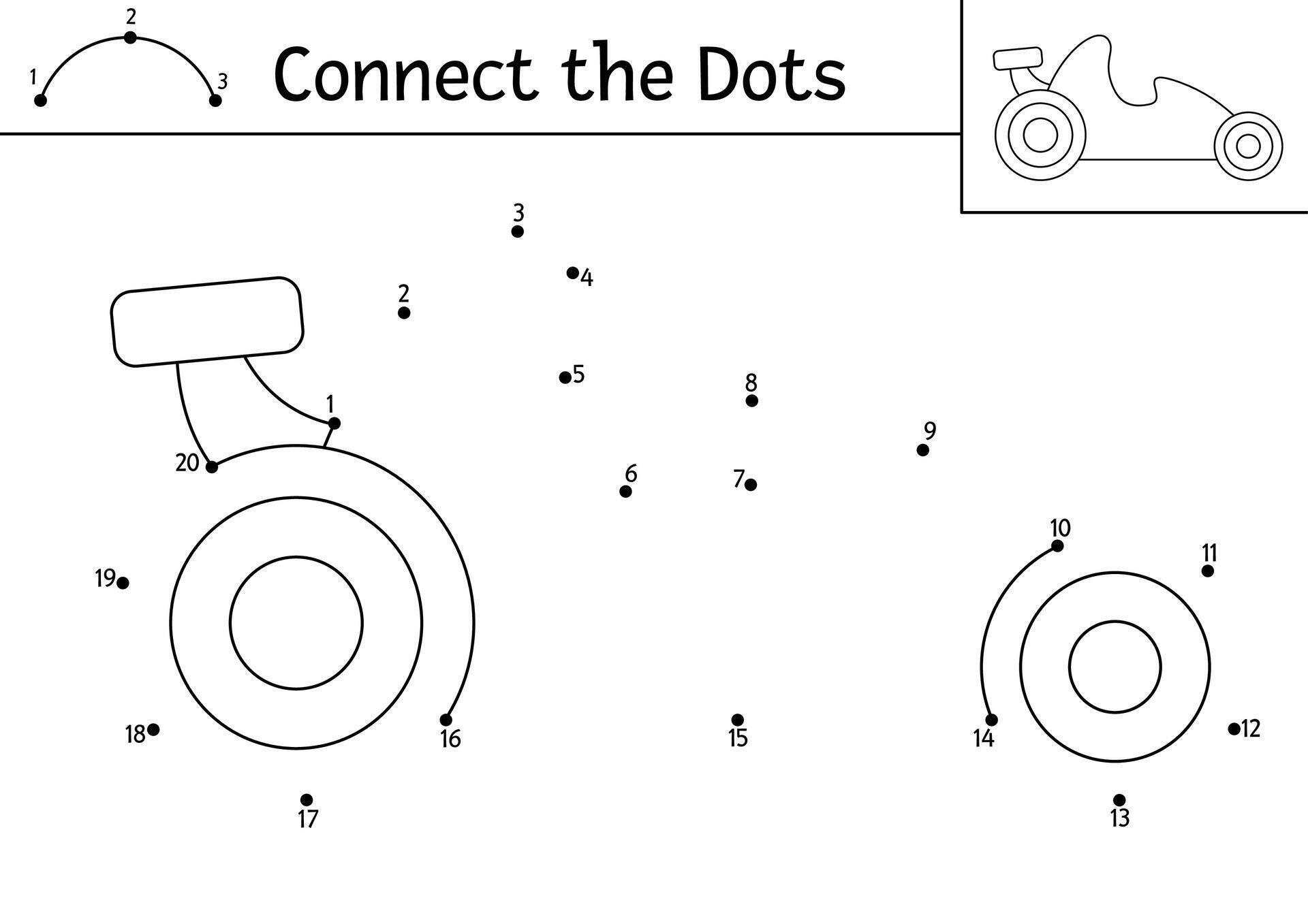 dot-to-dot and color activity with cute racing car. Transportation ...