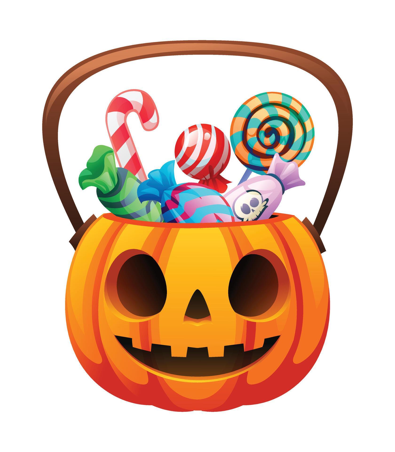 Halloween pumpkin candy bucket with carved face, filled with candies ...