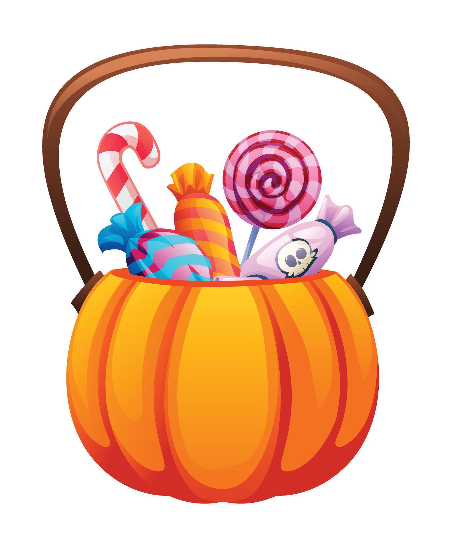 Halloween pumpkin bucket filled with candy and treats. Cartoon ...