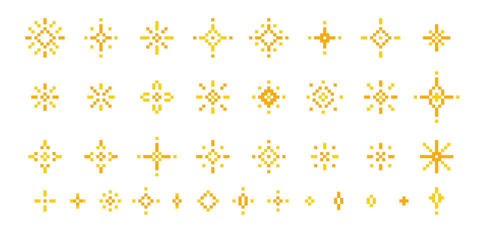 Set of pixel star, sparkle, glitter, starburst with twinkle effect. Pixel art illustration ...