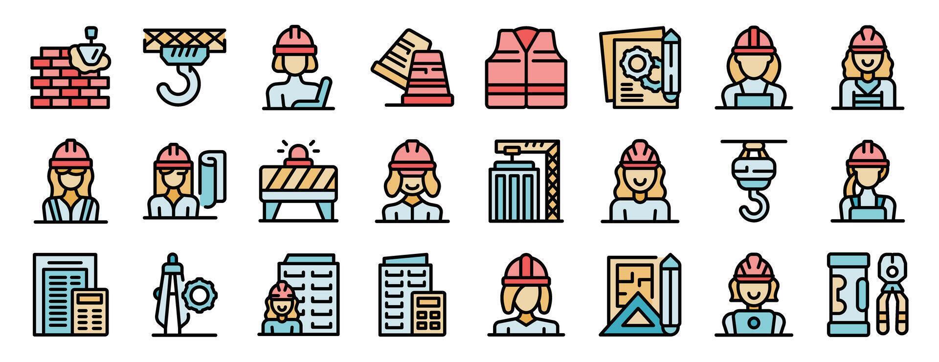 Female builder icons set. Outline set of female builder icons for web design isolated on white ...