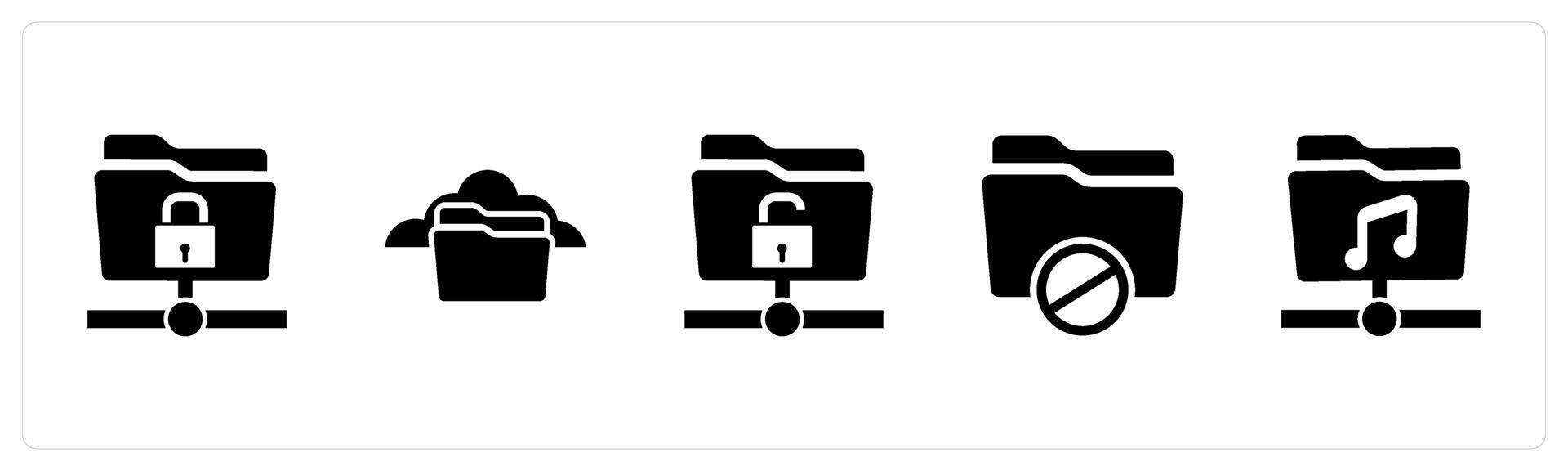 A set of 5 Document icons as folder protection, cloud folder, folder ... A set of 5 Document icons as folder protection, cloud folder, folder ...
