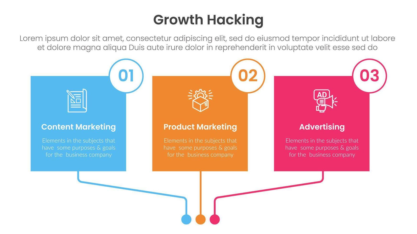 growth hacking infographic 3 point with square box linked connection circle badge for slide ...