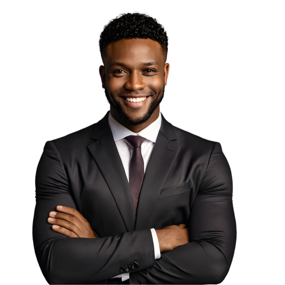 African American businessman smiling in black suit white shirt tie in a ...