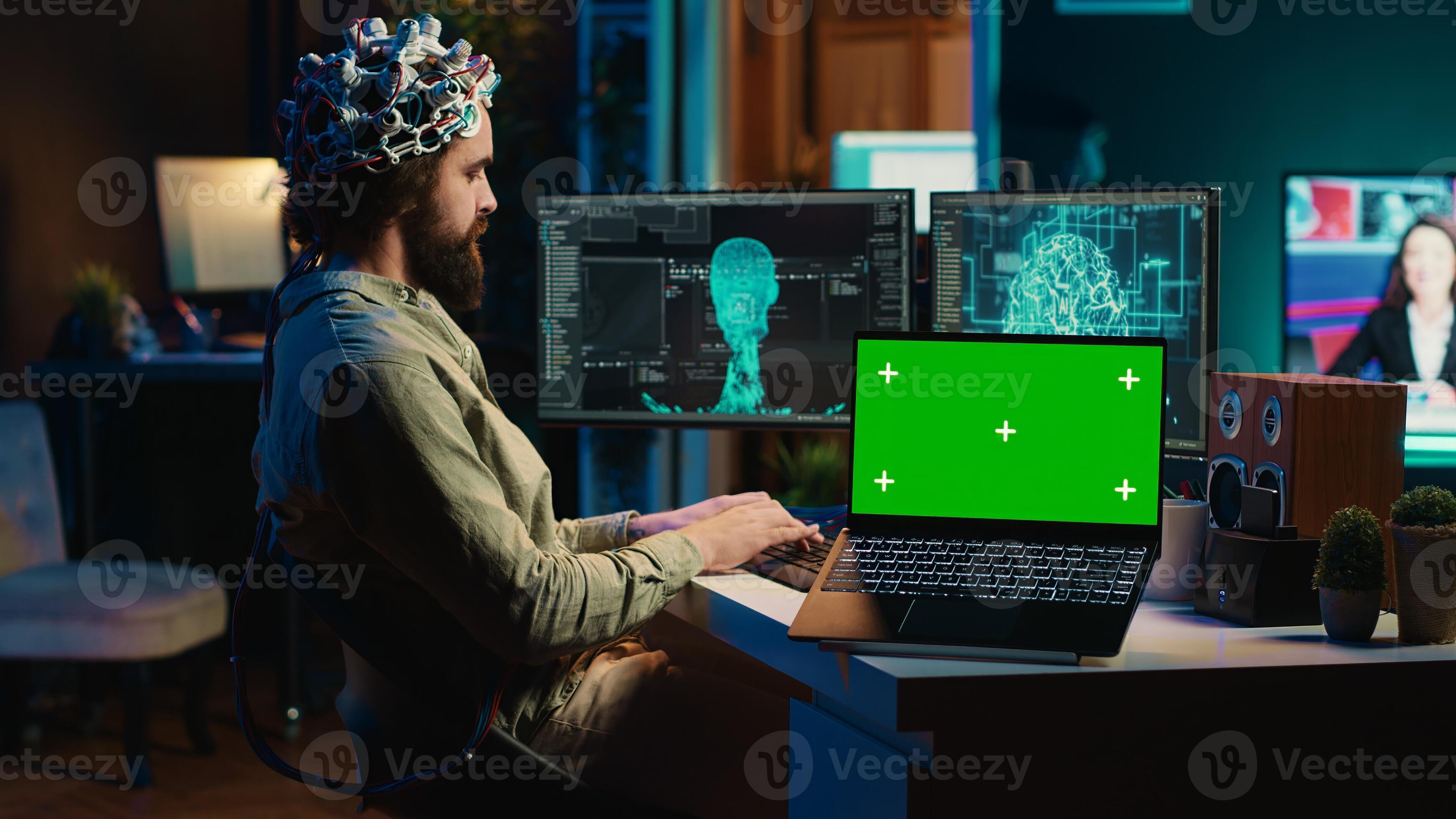 Engineer With Eeg Headset On Programming Brain Transfer Into Computer
