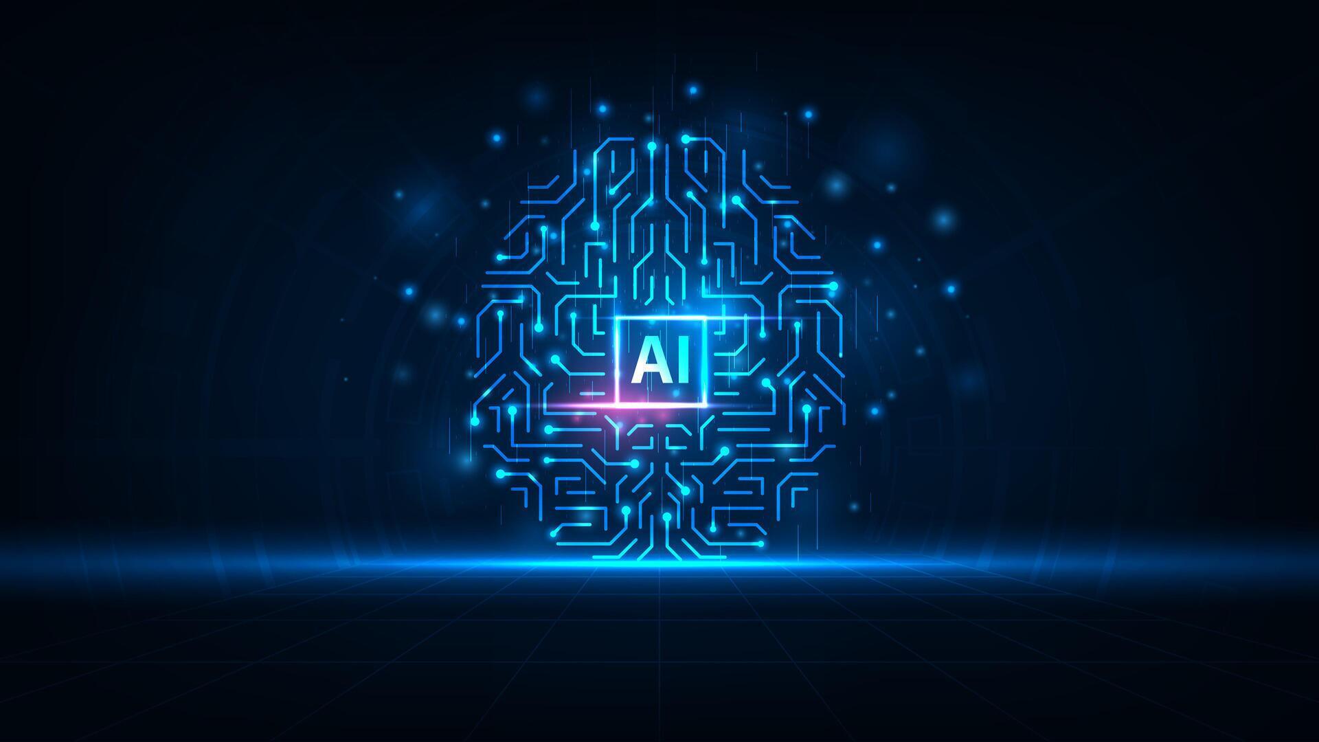 Artificial Intelligence concept. Glowing blue brain circuit with HUD ...