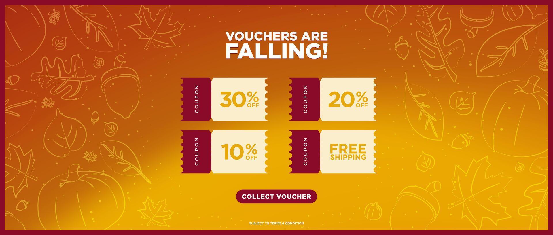 Vouchers are falling Autumn Concept Coupon giveaway banner template with collect voucher button ...