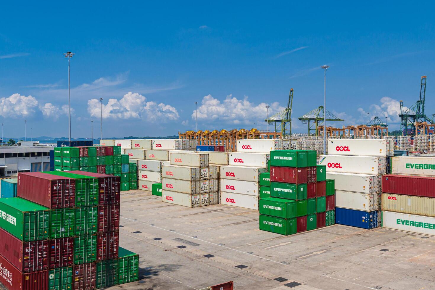 Singapore - Jun 13 2024 Aerial view of container terminal, cranes and ... Singapore - Jun 13 2024 Aerial view of container terminal, cranes and ...
