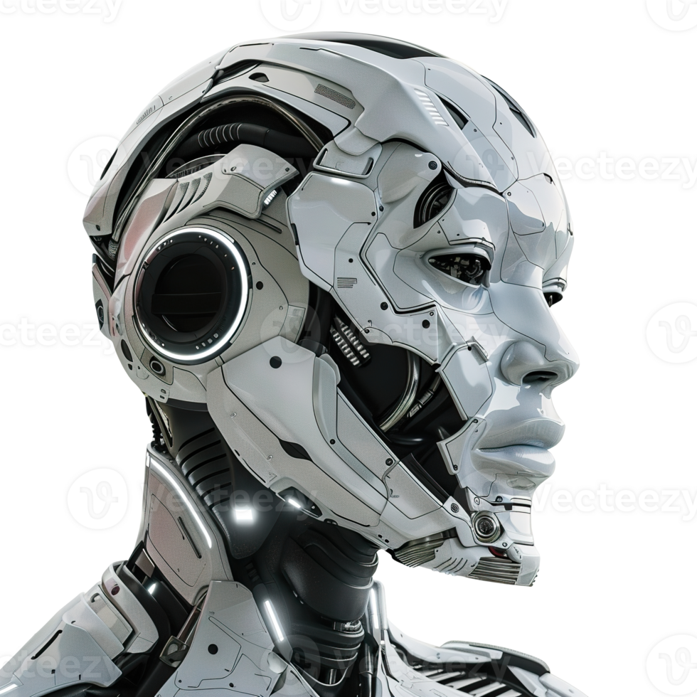 Futuristic robotic head with intricate mechanical details, on transparent background. Ideal for ...