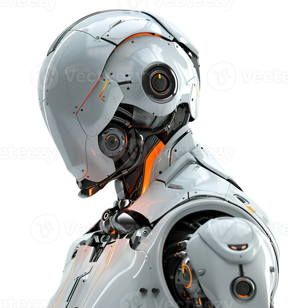 Futuristic robotic head with mechanical details and orange lights, on transparent background ...