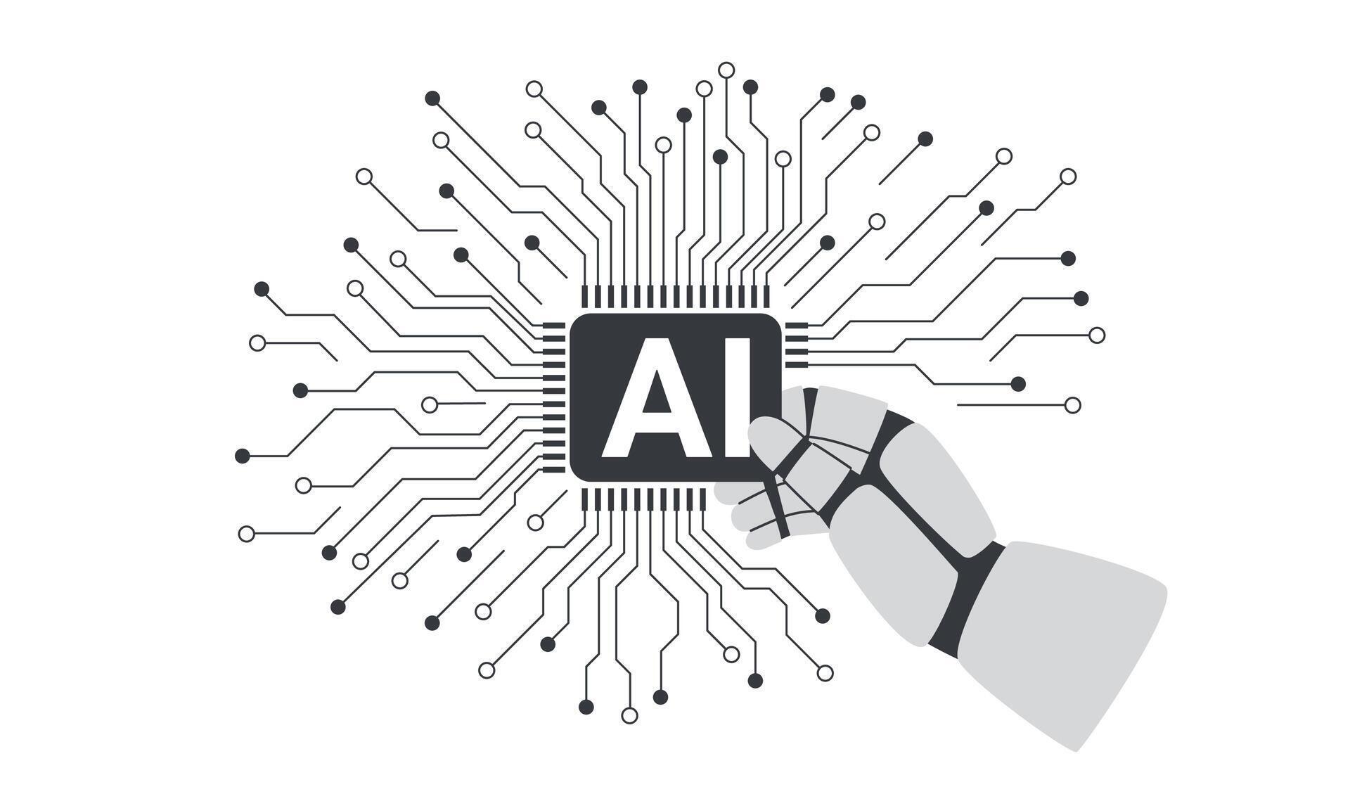 Artificial intelligence chip processor. Robots hand holding chip processor isolated on white. AI ...