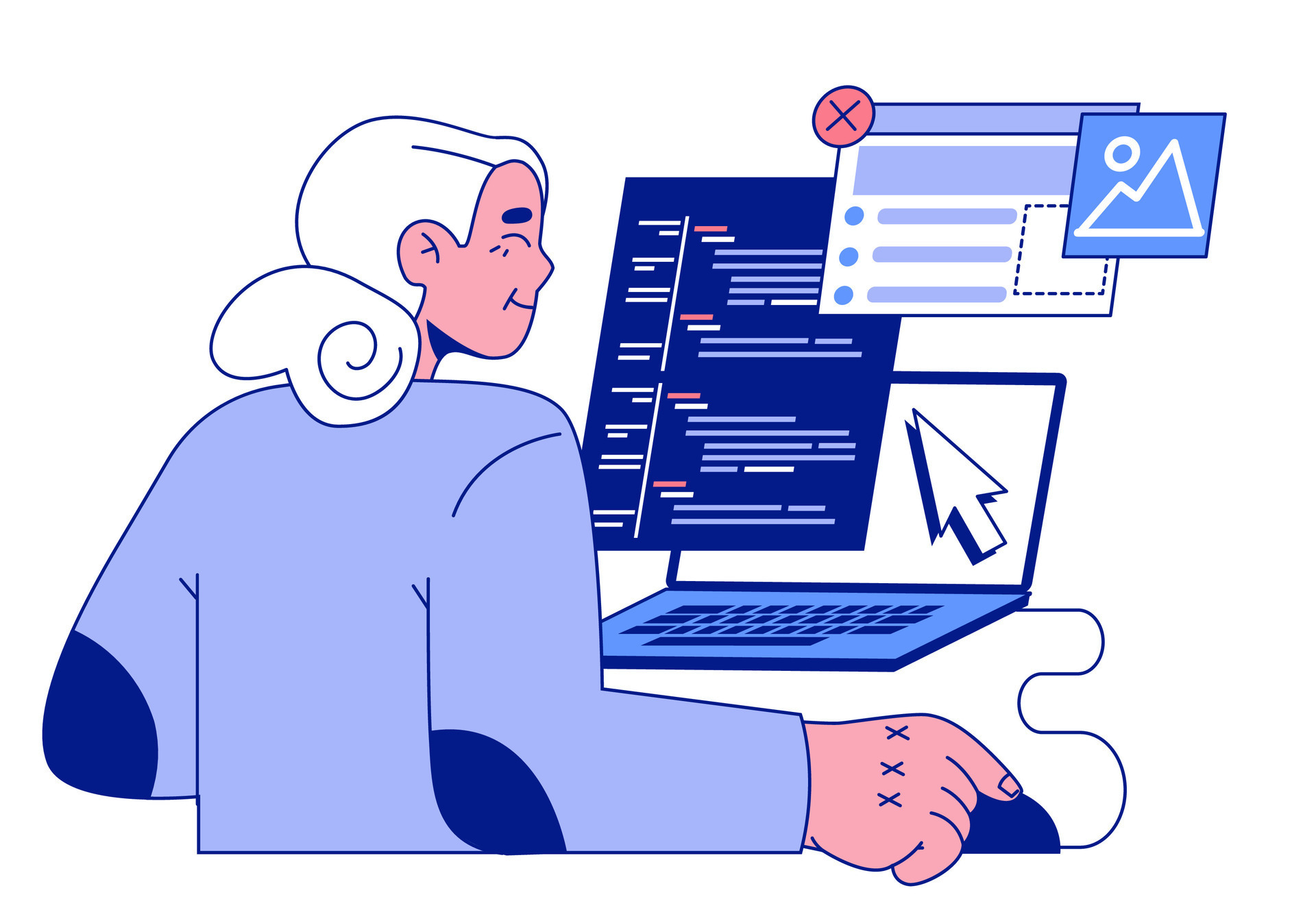 Senior developer. Old woman programming and coding. Developing 50345167 Vector Art at Vecteezy