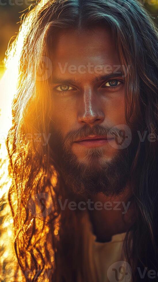 Jesus Christ with long hair and beard during sunset in a serene landscape 50349187 Stock Photo ...