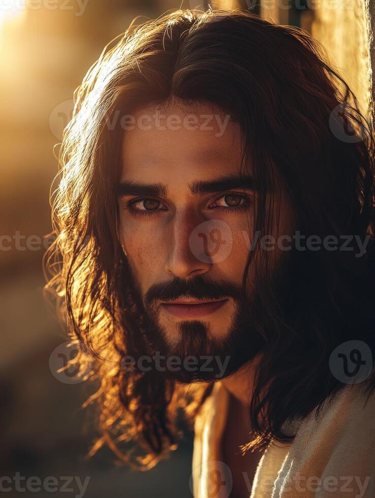 Portrait of Jesus Christ at sunset with long hair and a beard 50349209 Stock Photo at Vecteezy