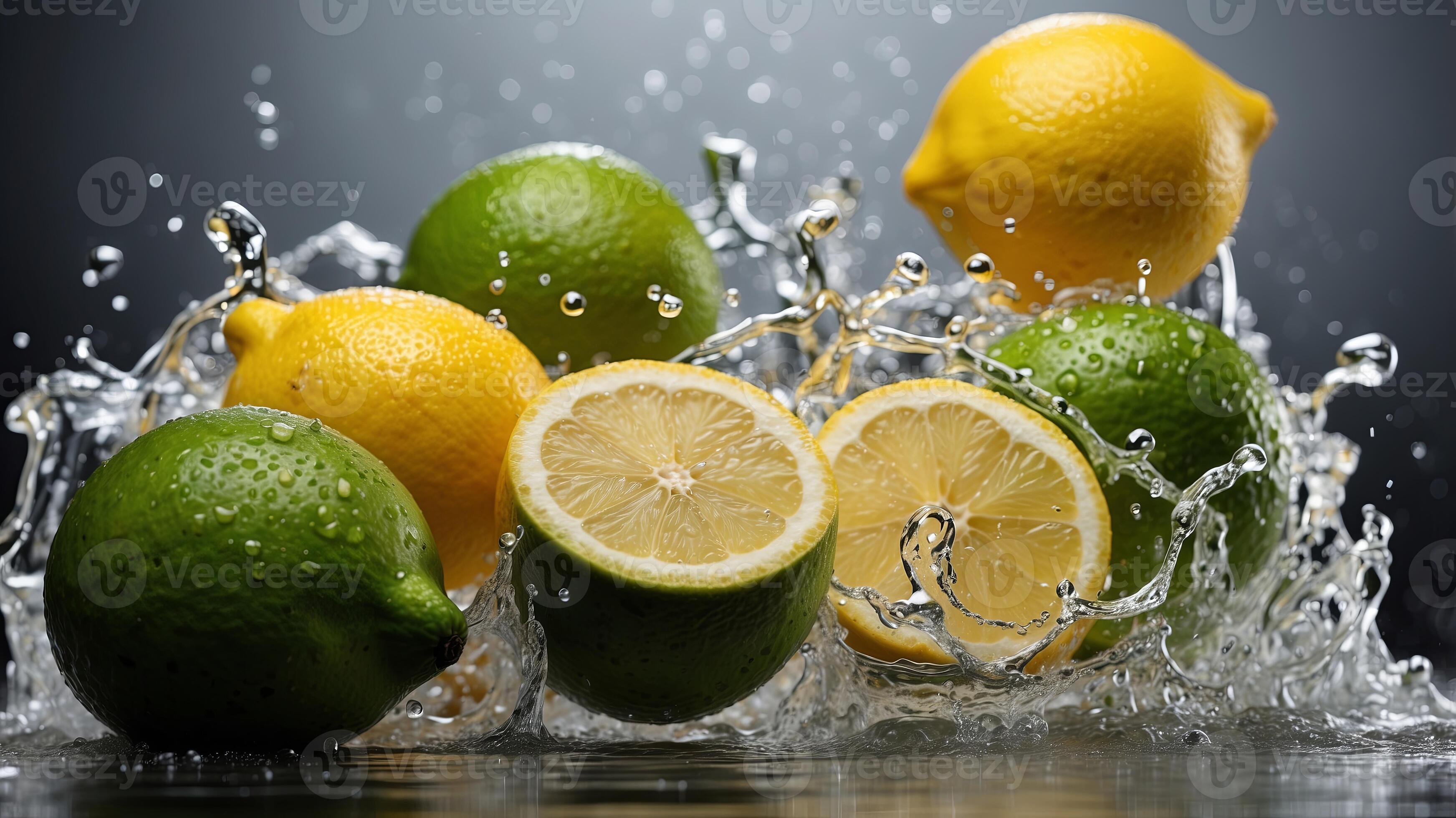 Lemons and limes piled with water splashing. 50353905 Stock Photo at Vecteezy