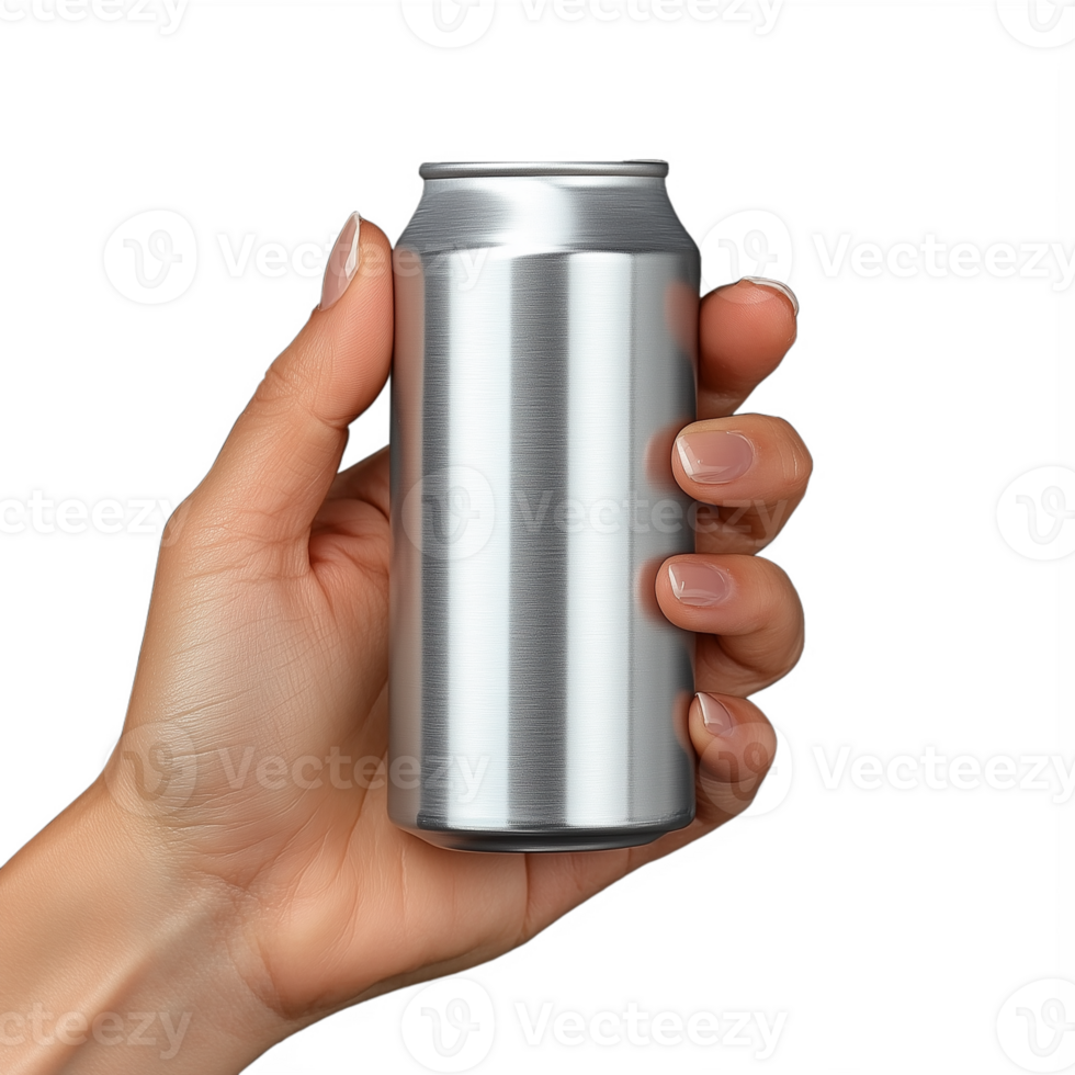 Hand holding a silver soda can isolated on a transparent background ...