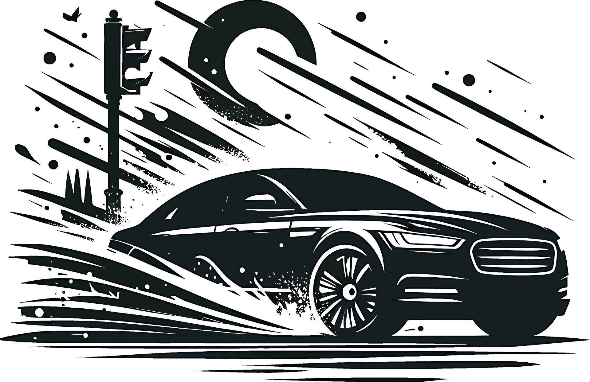 Car driving on the road, black and white illustration 50379352 Vector ...