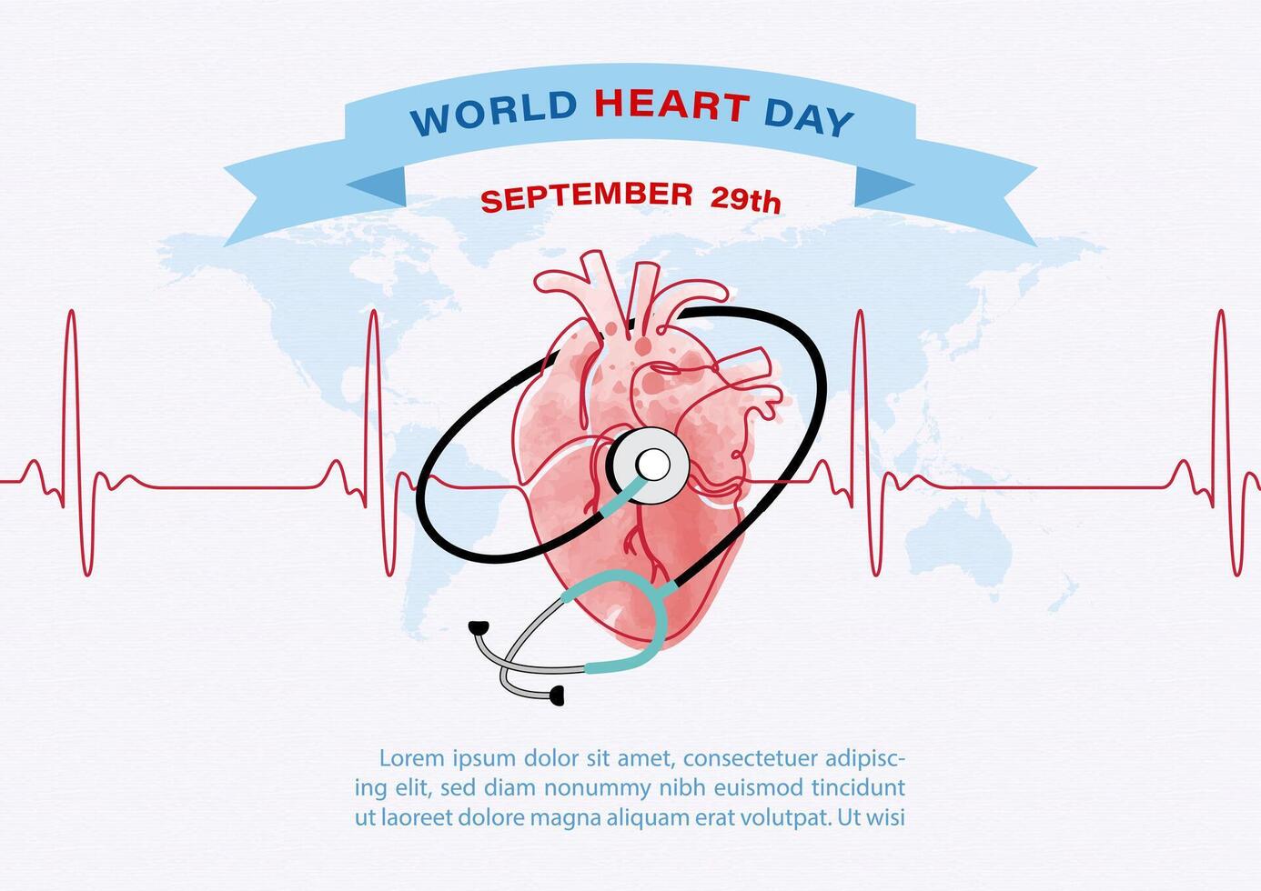 Image of Stethoscope around on a human heart with heartbeat and wording of World Heart Day ...