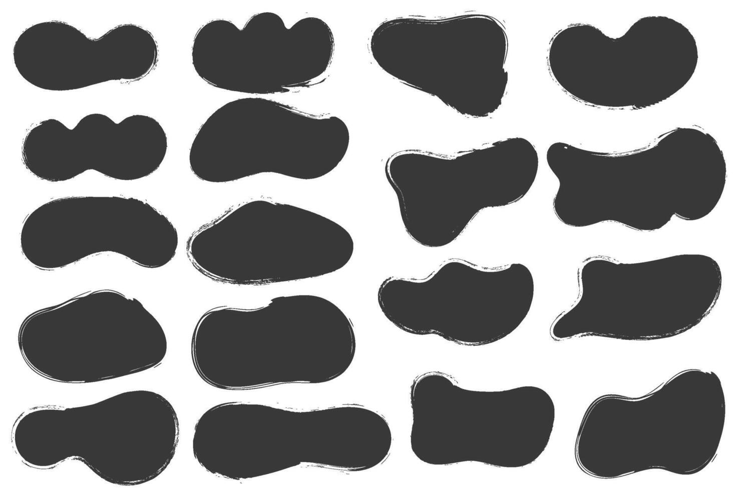 Brush stains, abstract paint shapes with grunge texture. Round black ink splashes. Irregular ...