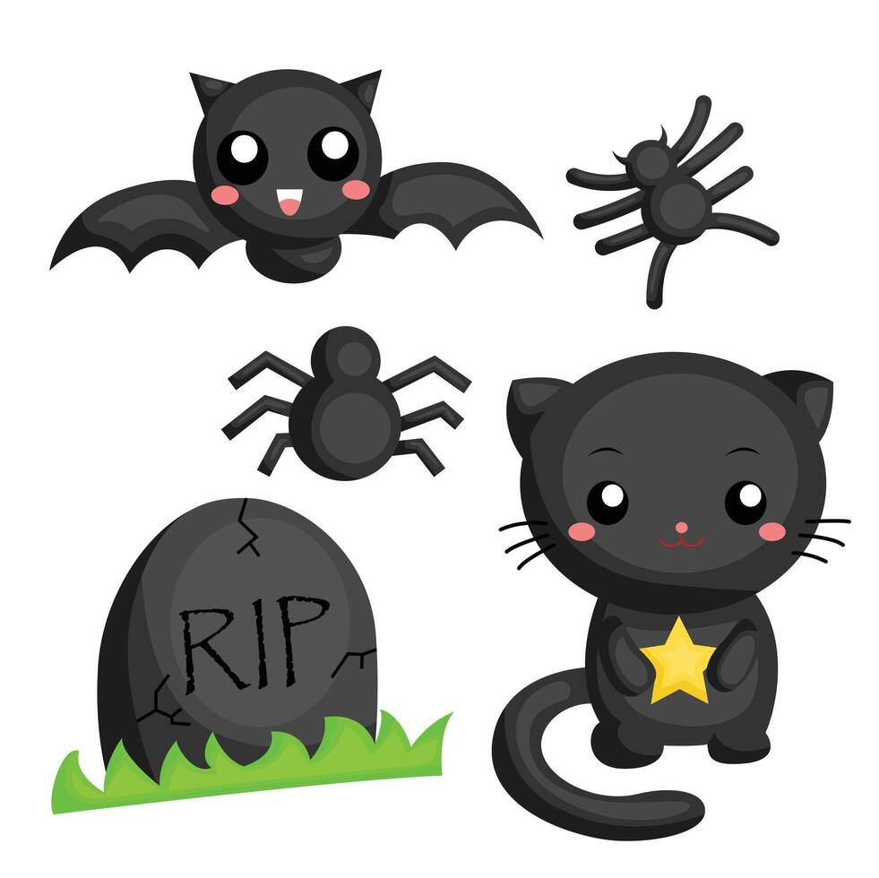 Halloween Symbol Animal Black Cat Spider Bat Cartoon Illustration ...