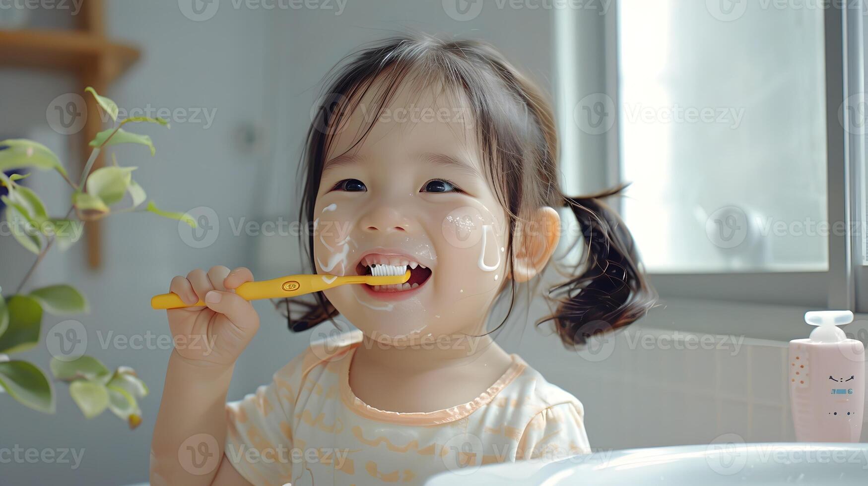 Cheerful Korean Girl Brushing Teeth in Bright Bathroom 50432708 Stock Photo at Vecteezy
