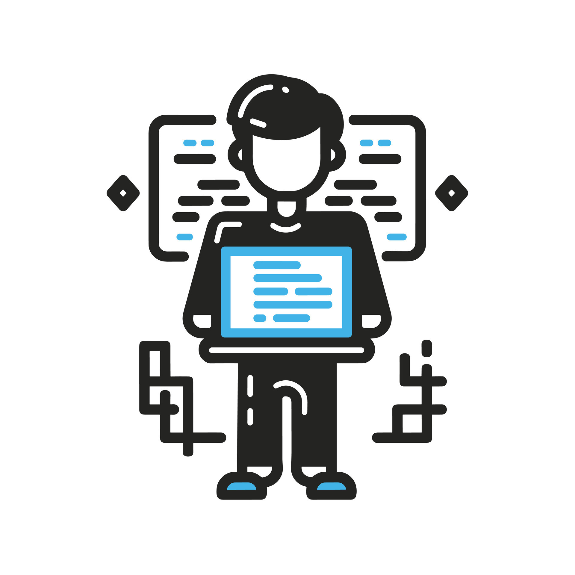 Illustration of a male software developer holding a laptop with code ...