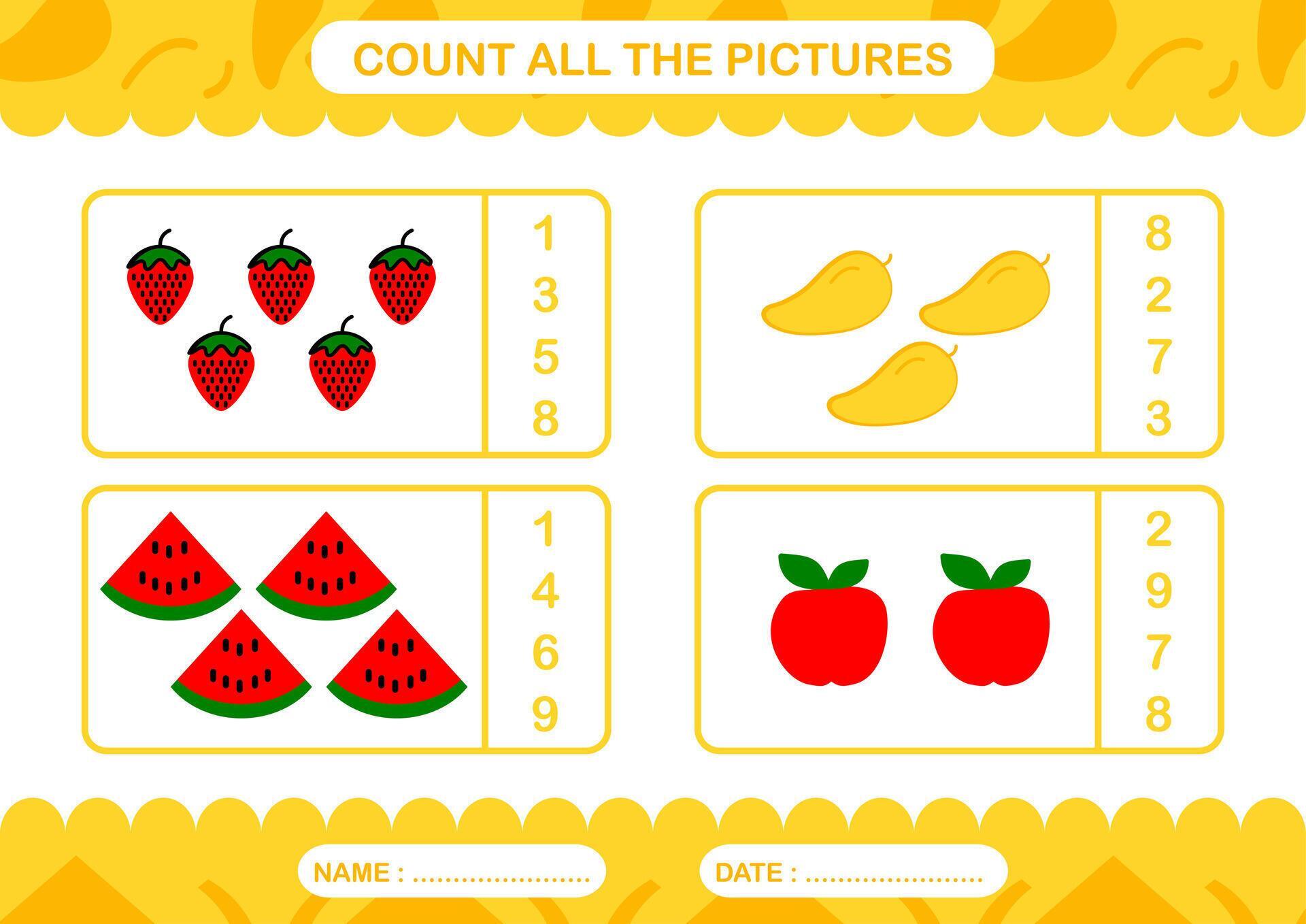 Printable worksheet Number count and match with fruits for Kindergarten ...