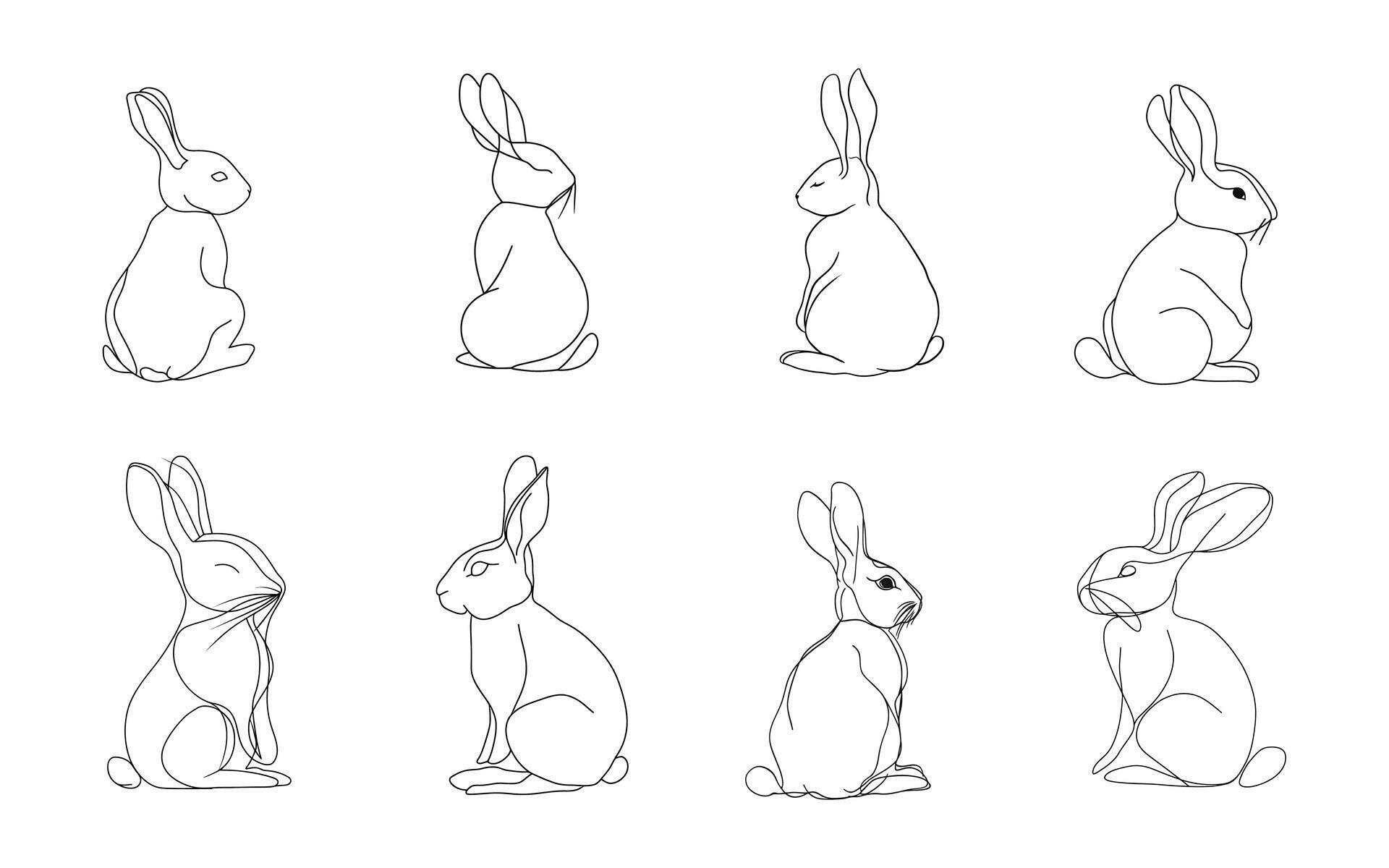 Set Of Rabbits Easter Bunny Set In Simple One Line Style Rabbit Icon Black And White Minimal
