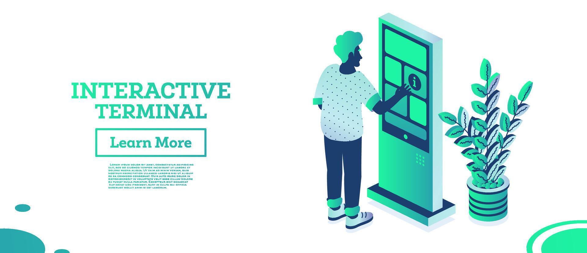 Man using self service terminal in bank. Isometric interactive kiosk. Subway or train station ...