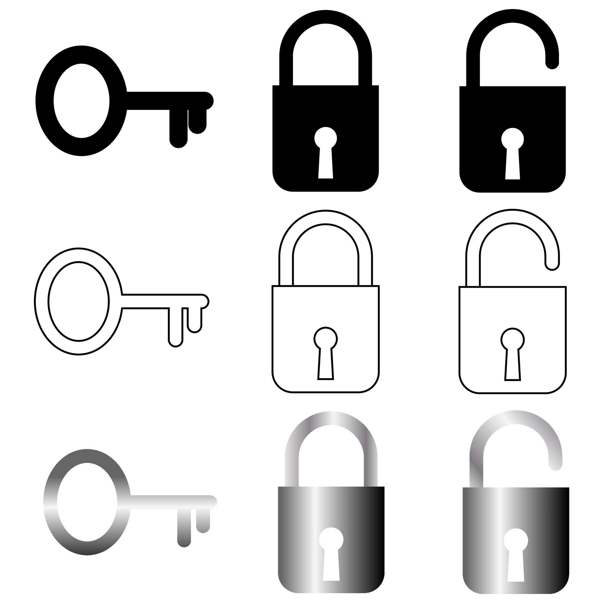 Set of padlocks or locks and key in silhouette, white with black ...