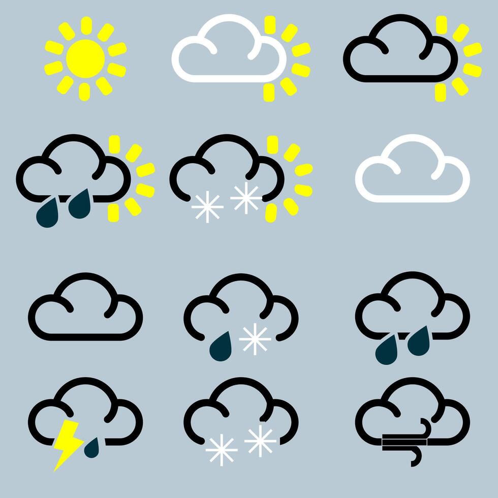 Set of Weather icons showing rain, sun, cloud, Sleet and Lightening etc ...