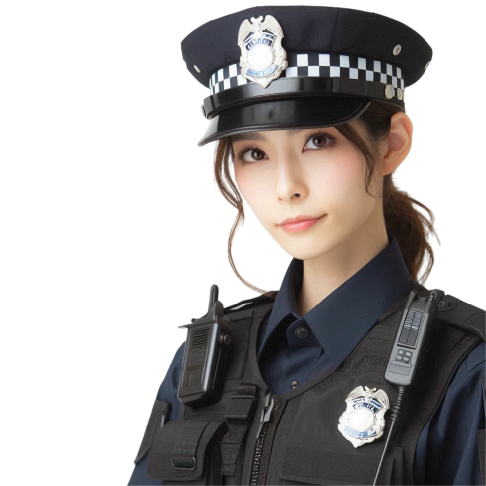 Young Female Police Officer In Uniform With Hat Badge And Radio