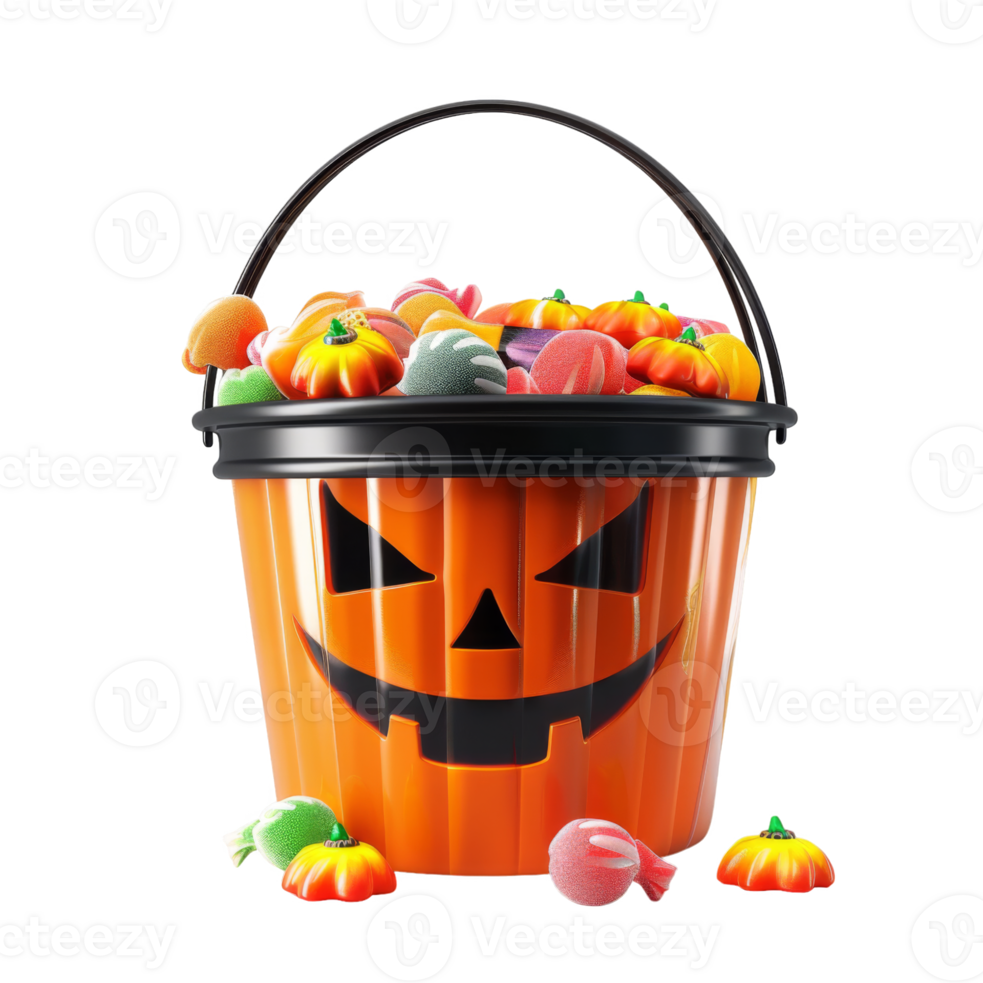 Pumpkin-Shaped Halloween Candy Bucket Full of Treats 50475286 PNG