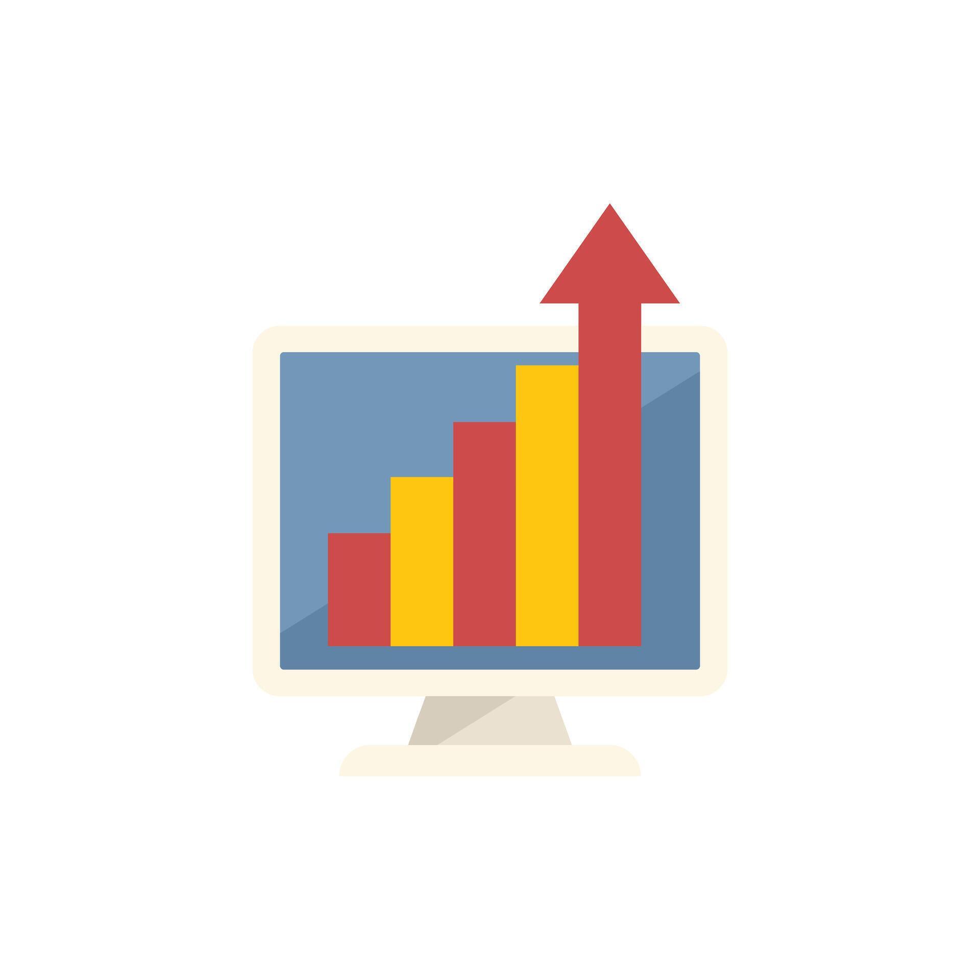 Computer screen showing a growing chart with red arrow pointing up ...