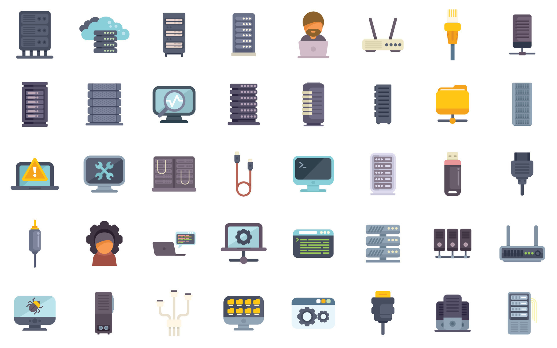 Data center hosting server network connection concept icons set ...