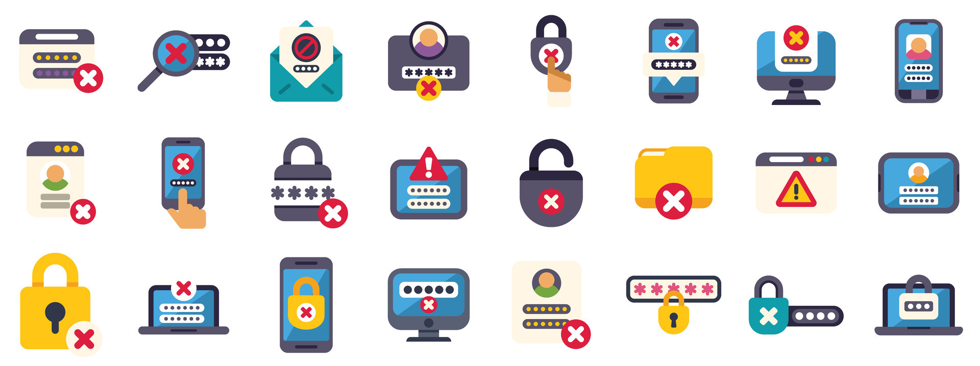 Set of password protection and error icons showing login problems and ...