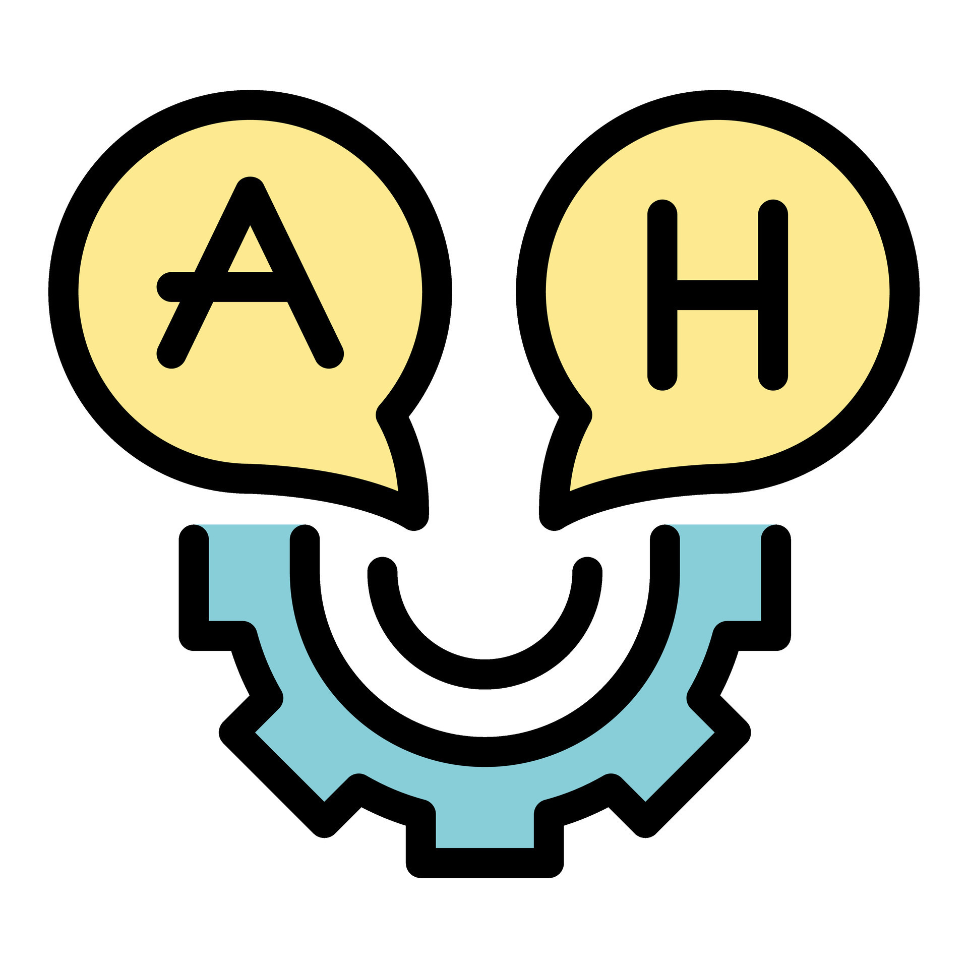 Language learning process icon depicting two speech bubbles entering a ...