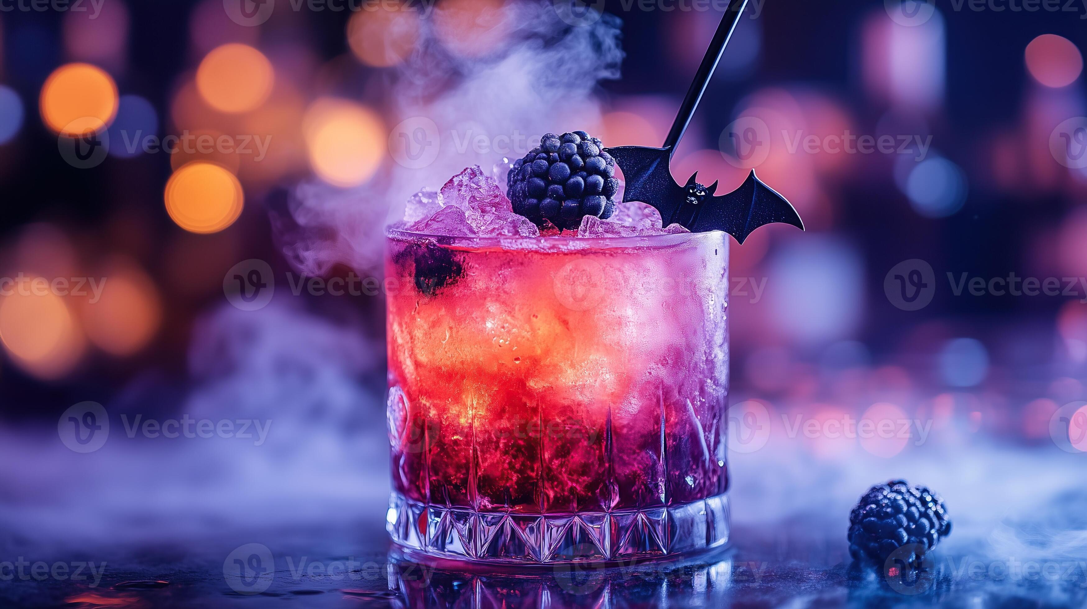 A Halloween-themed cocktail garnished with dry ice fog, blackberries ...