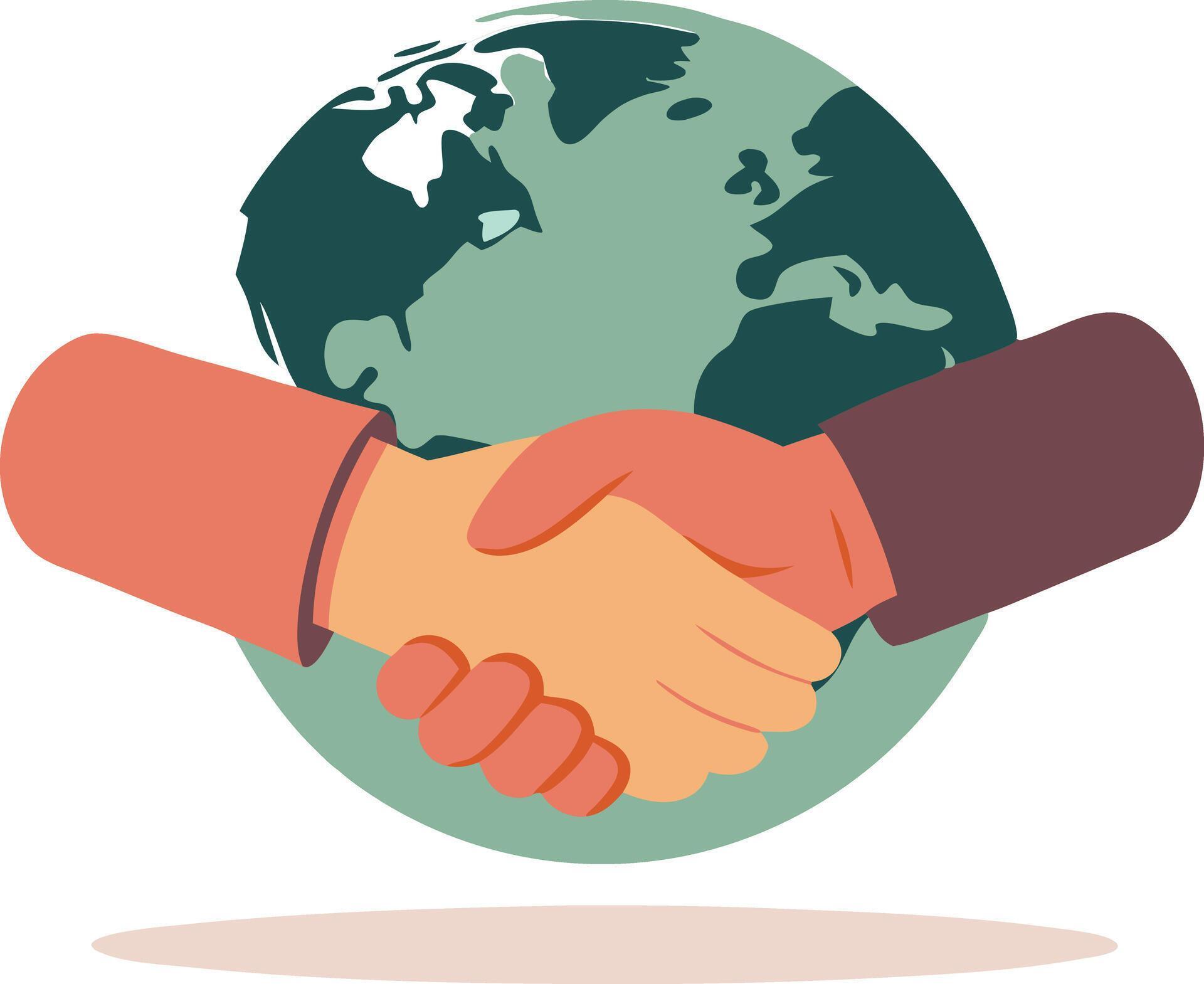 Handshake over a globe representing global cooperation, partnership, and international ...
